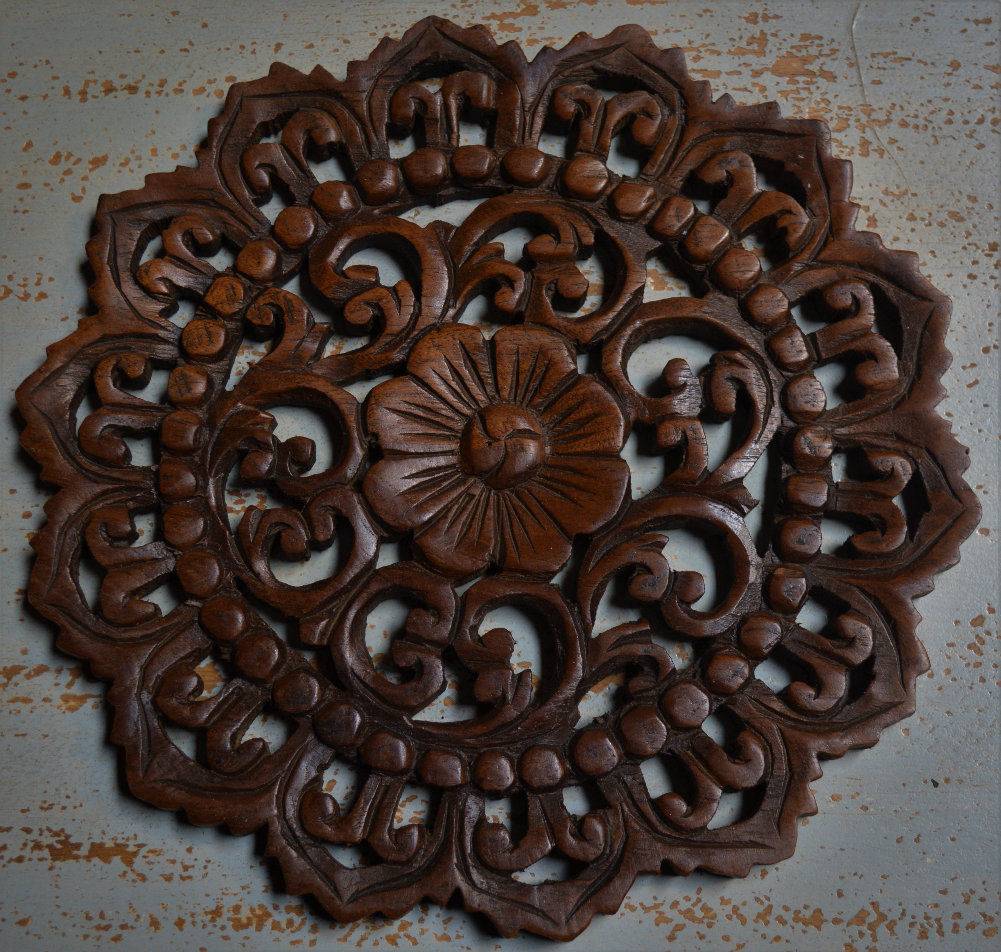 Home and Garden Direct Round Hand Carved Teak Wood Panel Wall Décor ...