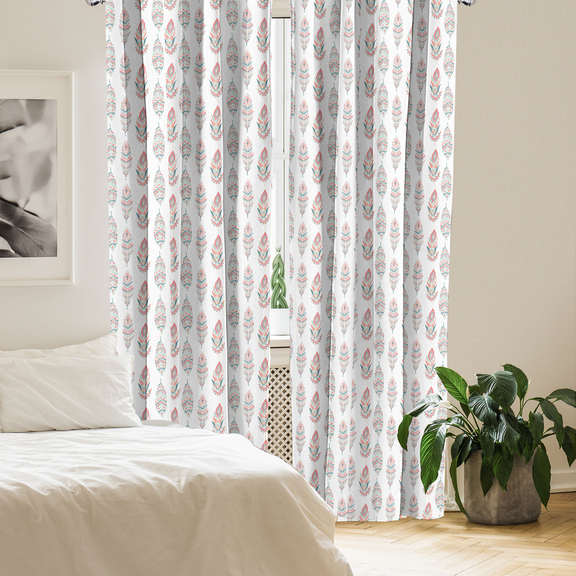 Alcott Hill® Feather 4-Panel Curtains, Hippie Color Boho Plumage, Dark Coral and Seafoam | Wayfair