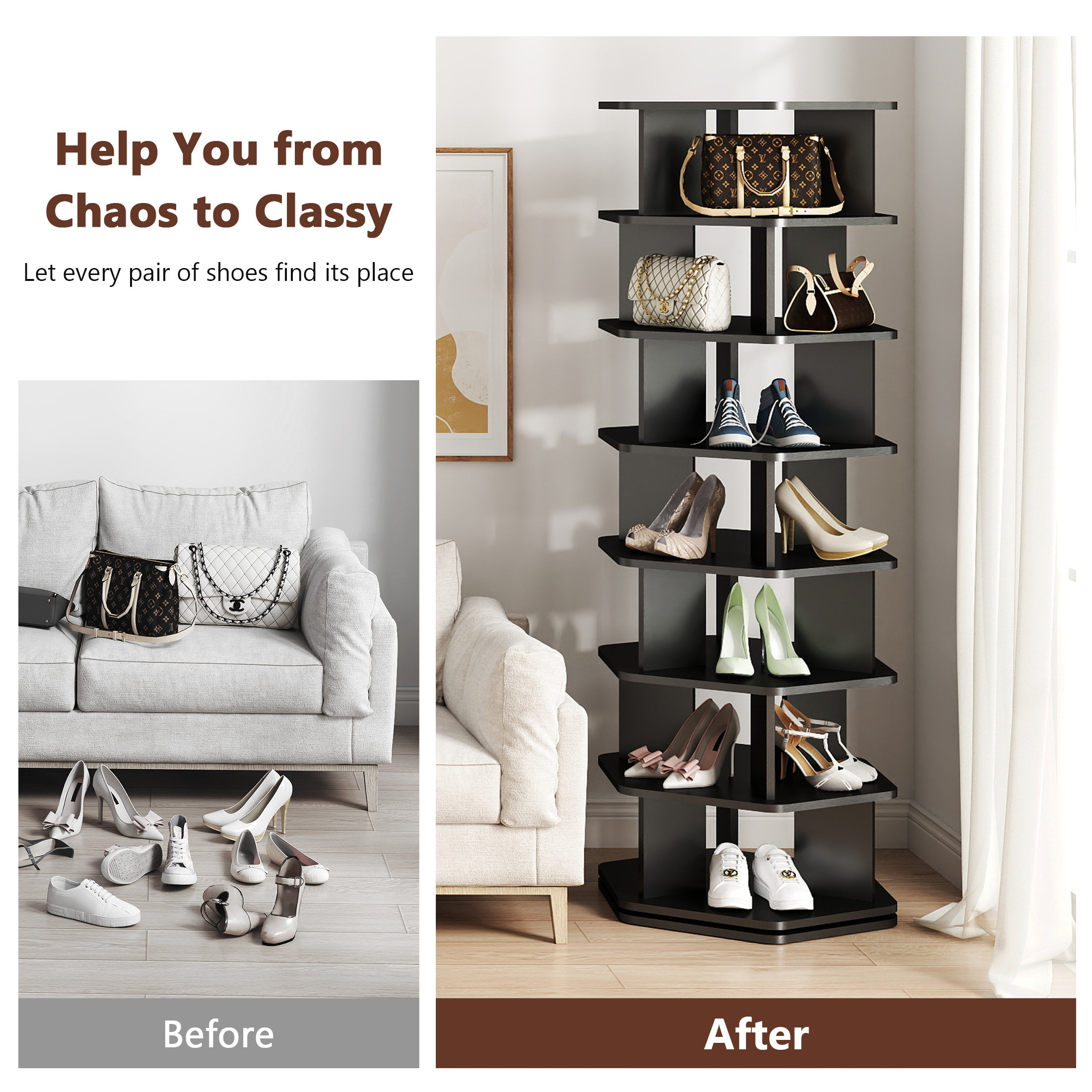 Ivy Bronx 7 Tier Wooden Rotating Shoe Rack Tower 360°Spinning Shoe Rack ...