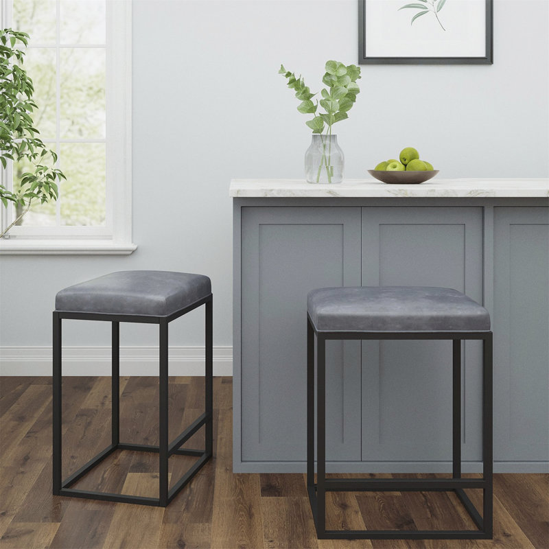 17 Stories 2PC Indoor Grey Metal Faux Leather Bar Stools | Wayfair