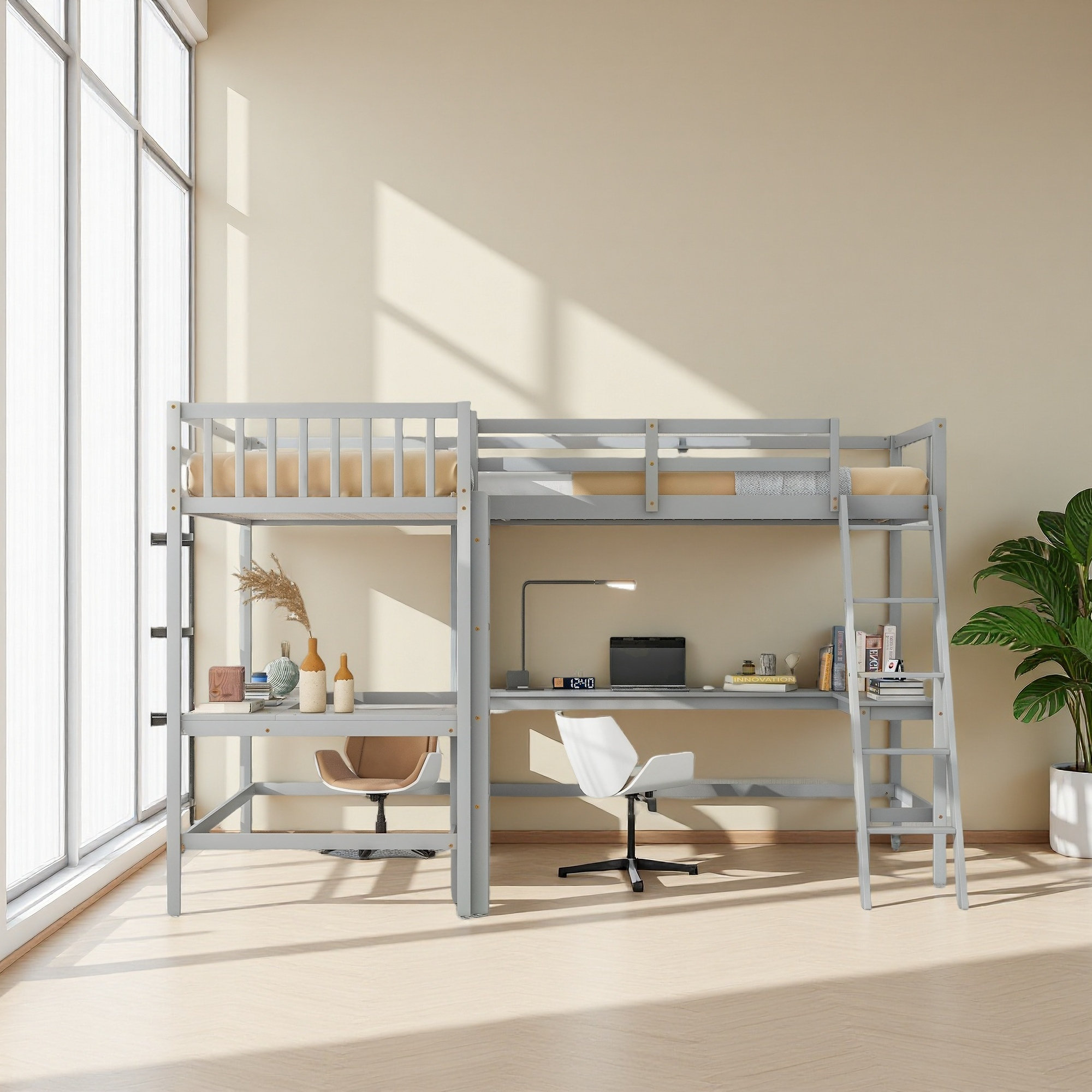 Harriet Bee Wood Twin Size L-Shaped Loft Bed With Ladder And 2 Built-In ...