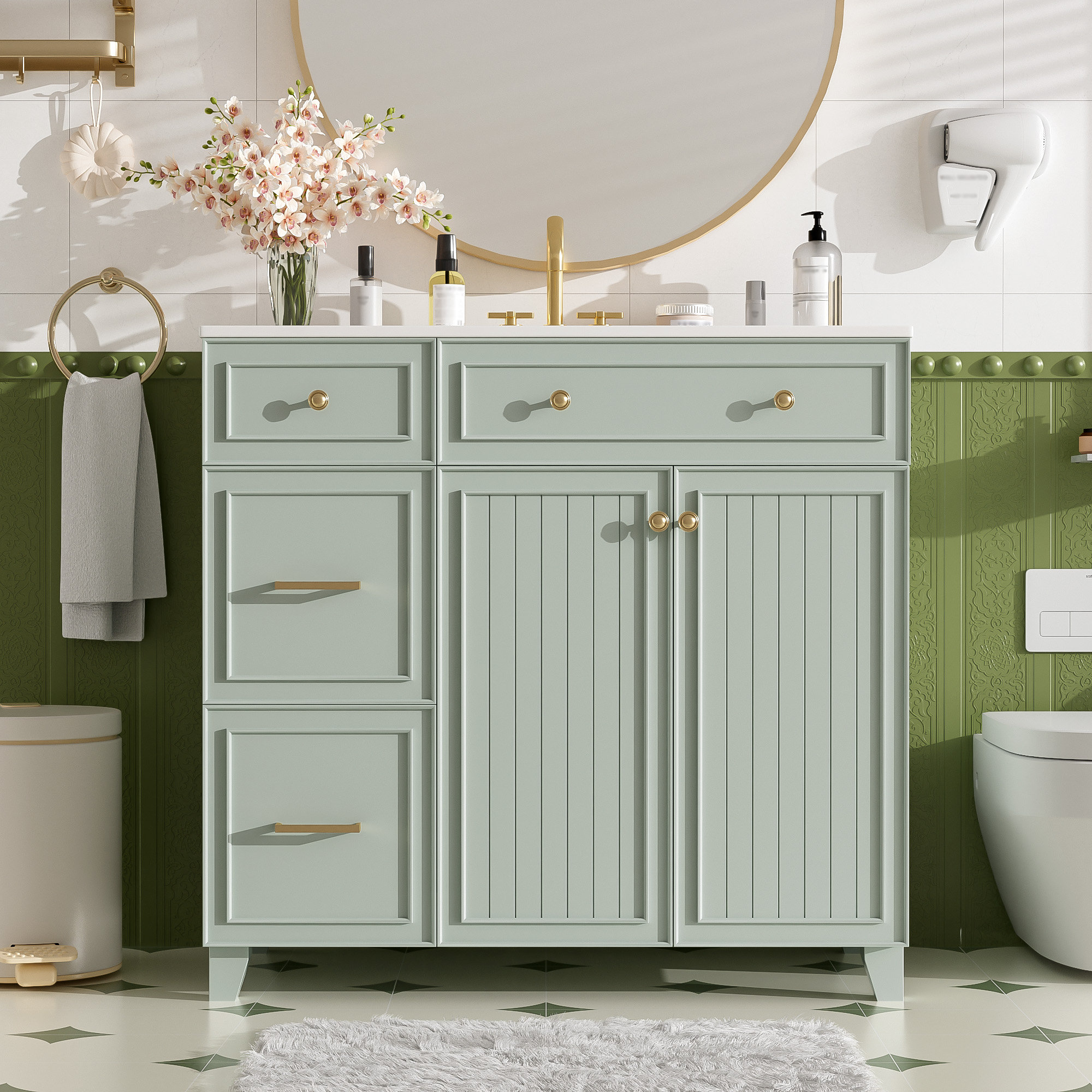 Winston Porter 36 Inch Bathroom Pecora with Ceramic Sink, Standard and Double-Layer Drawers ...