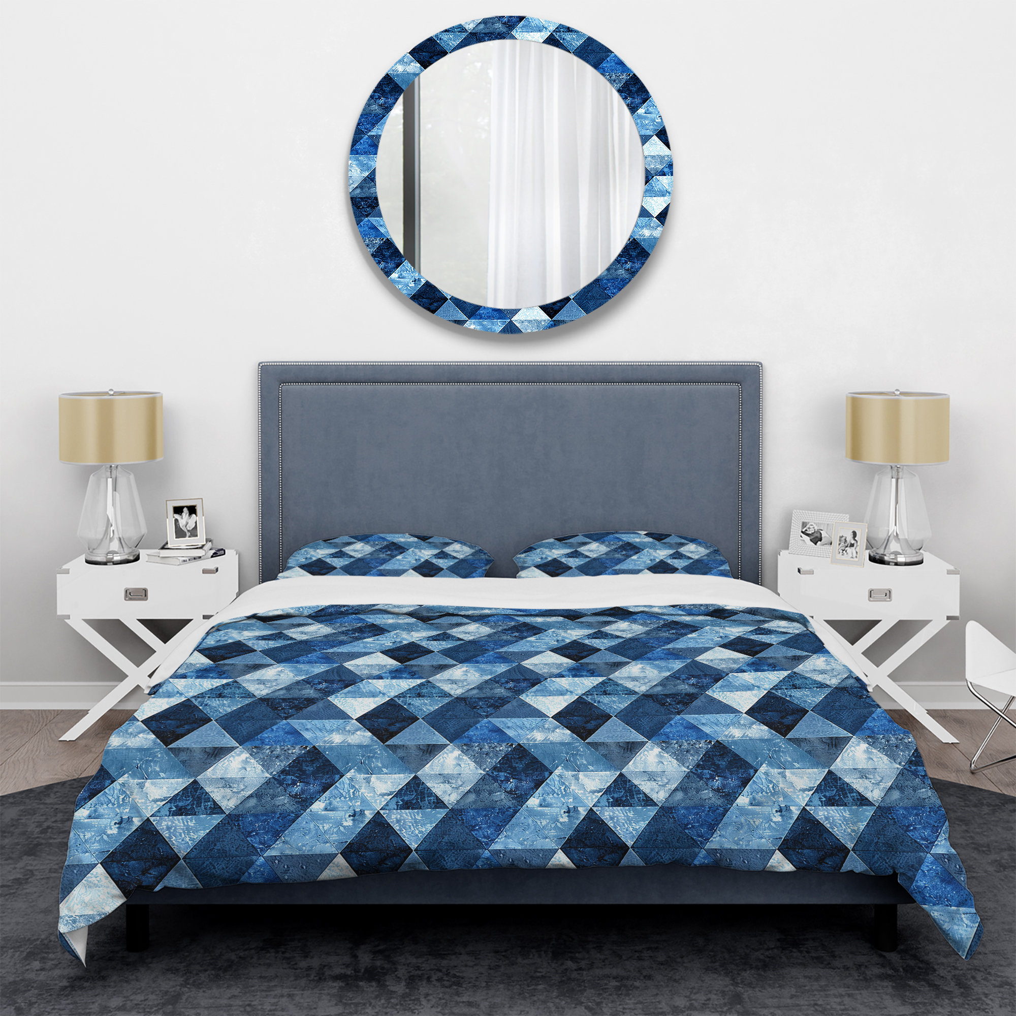 Design Art Blue White Modern Triangles II - Modern Duvet Cover Set ...