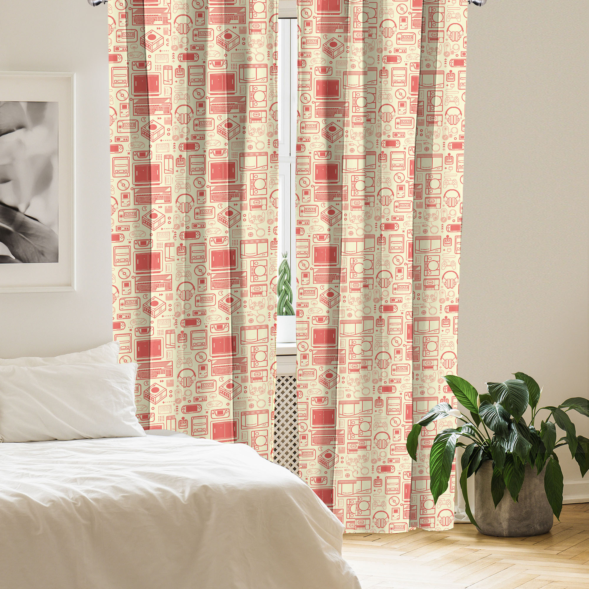 East Urban Home Retro 4-Panel Curtains, Retro Gaming Objects Dark Peach ...