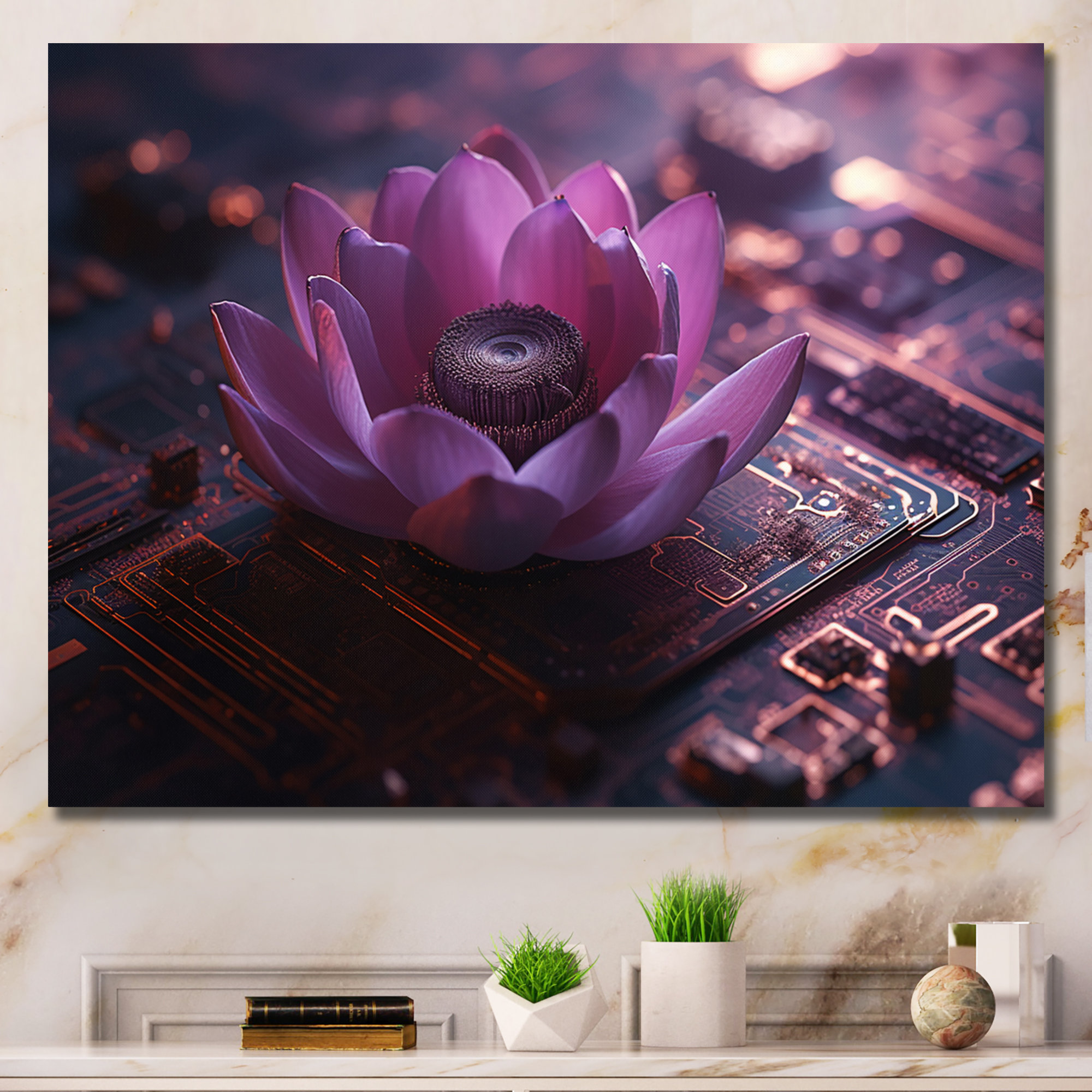 Dakota Fields Urban Pink Lotus On Circuit Board On Canvas Print | Wayfair