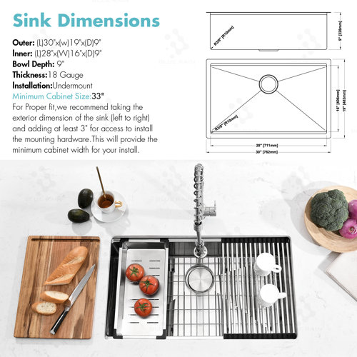 Attop 30'' L X 19'' W Single Bowl Stainless Steel Undermount Kitchen ...