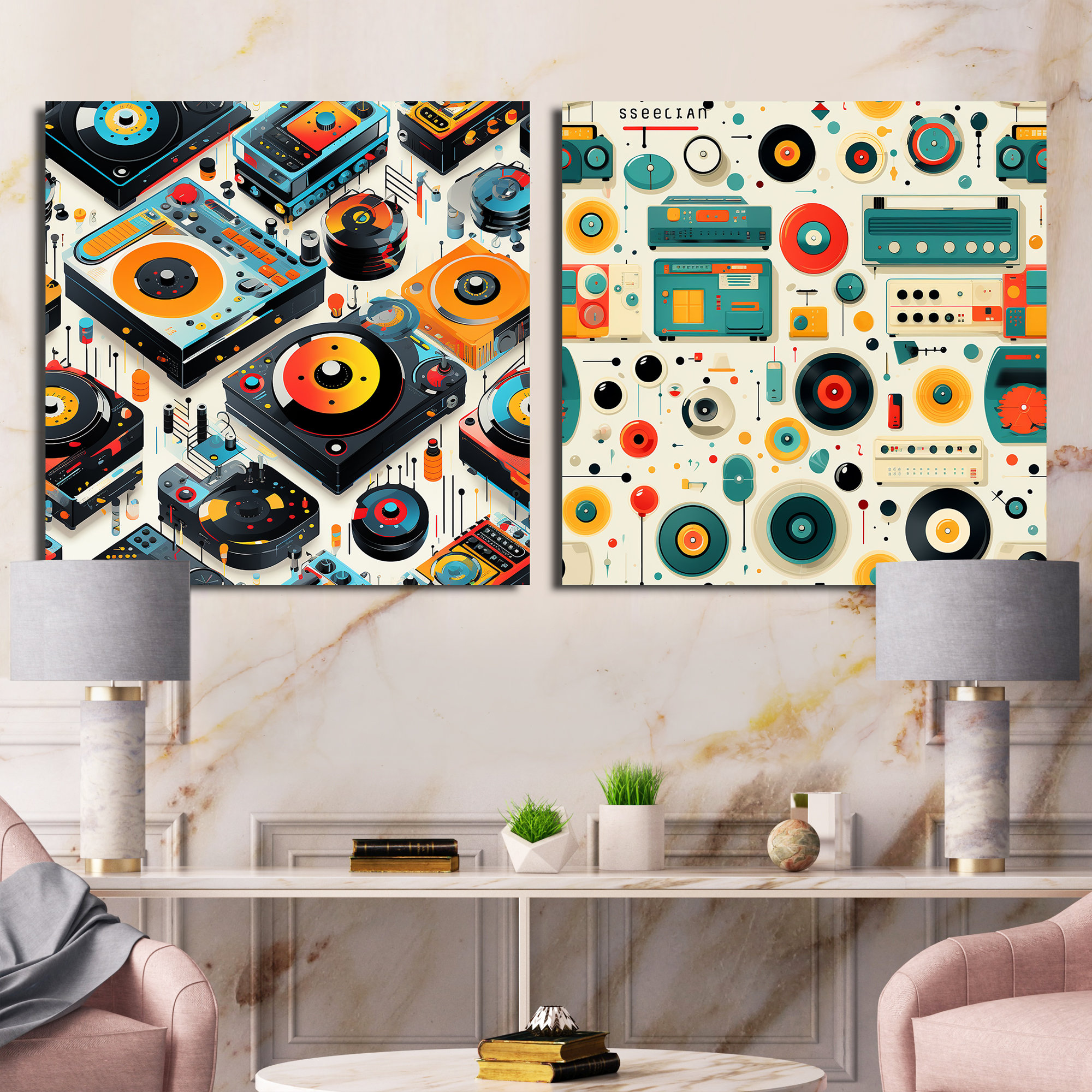 Design Art Turntables Boom Boxes Spots - Music Square Collage Set Of 2 ...