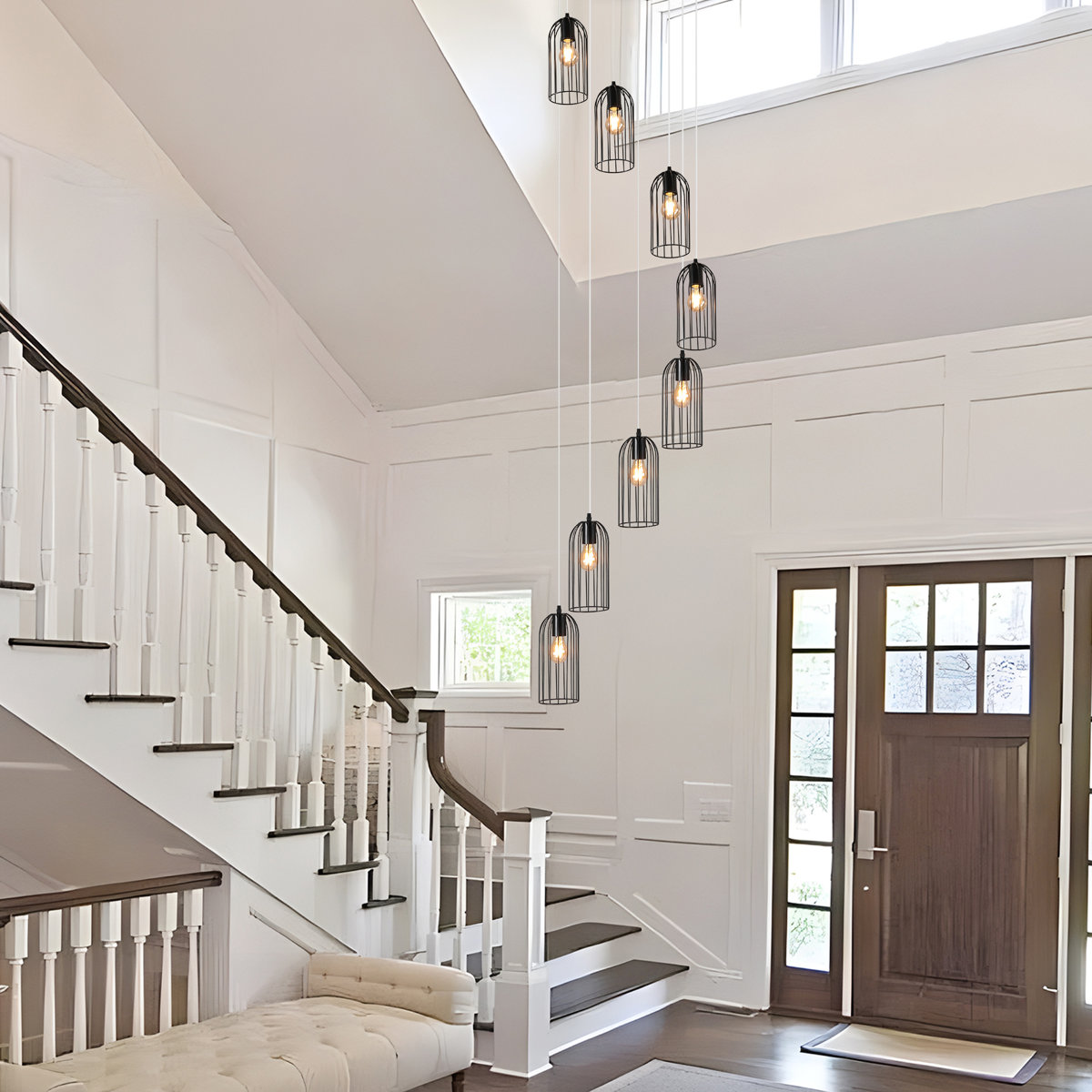 Ebern Designs 8 - Light Modern Caged Pendant Light Long Staircase ...