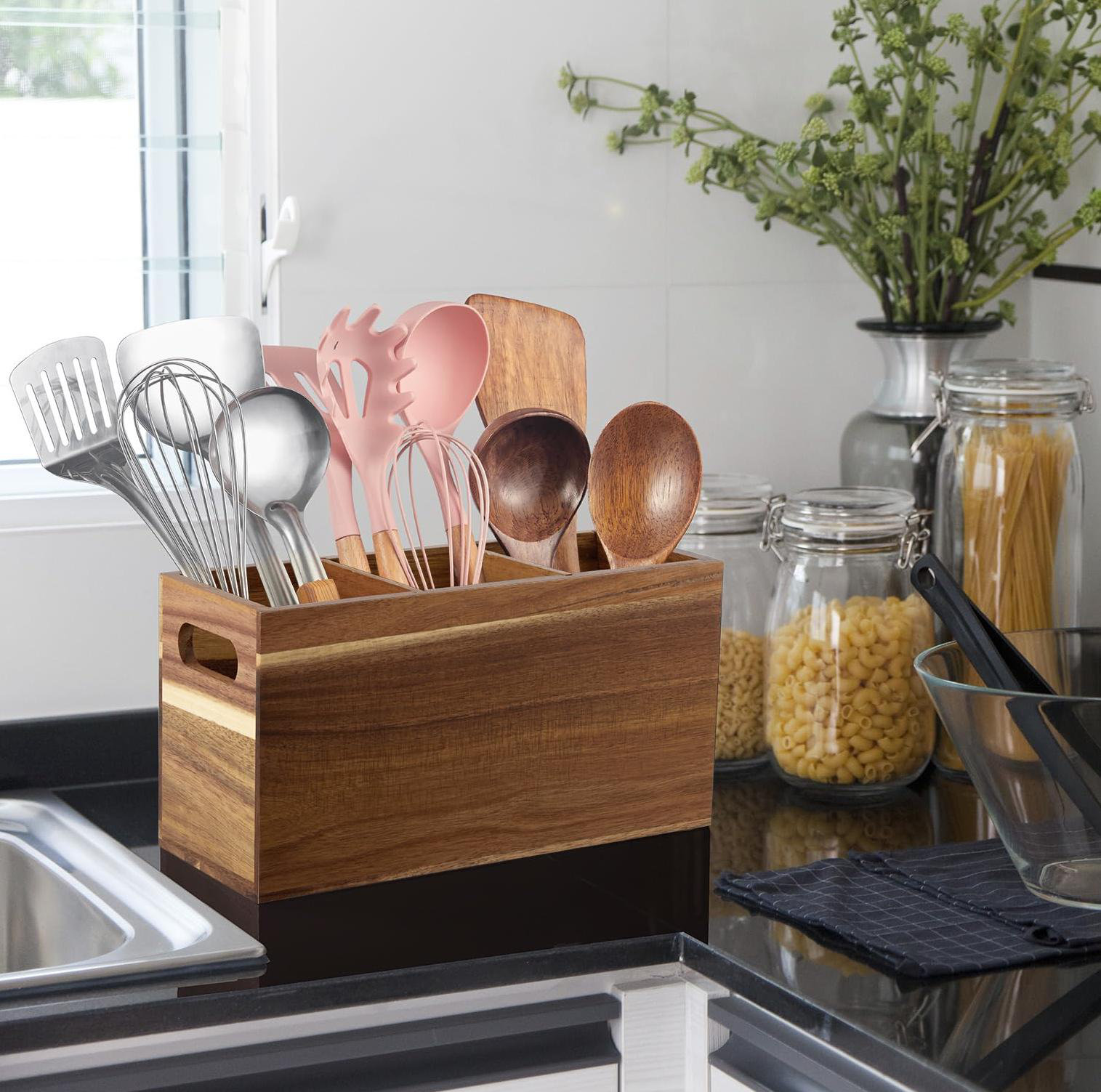 Loon Peak® Acacia Wood Utensil Holder For Kitchen Counter,3 Compartment ...