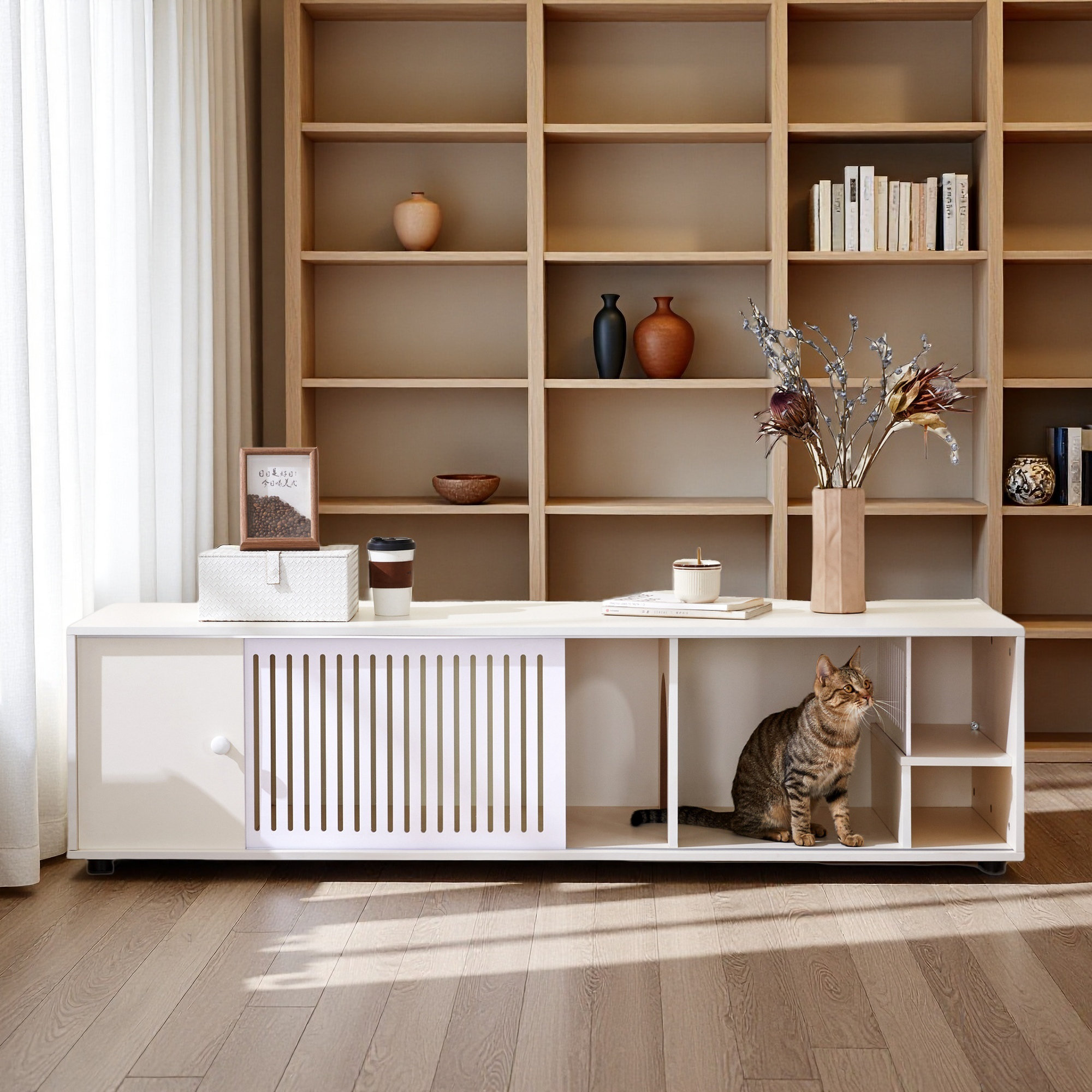 Latitude Run® Modern Cream TV Stand With Storage, Cat Litter Box ...