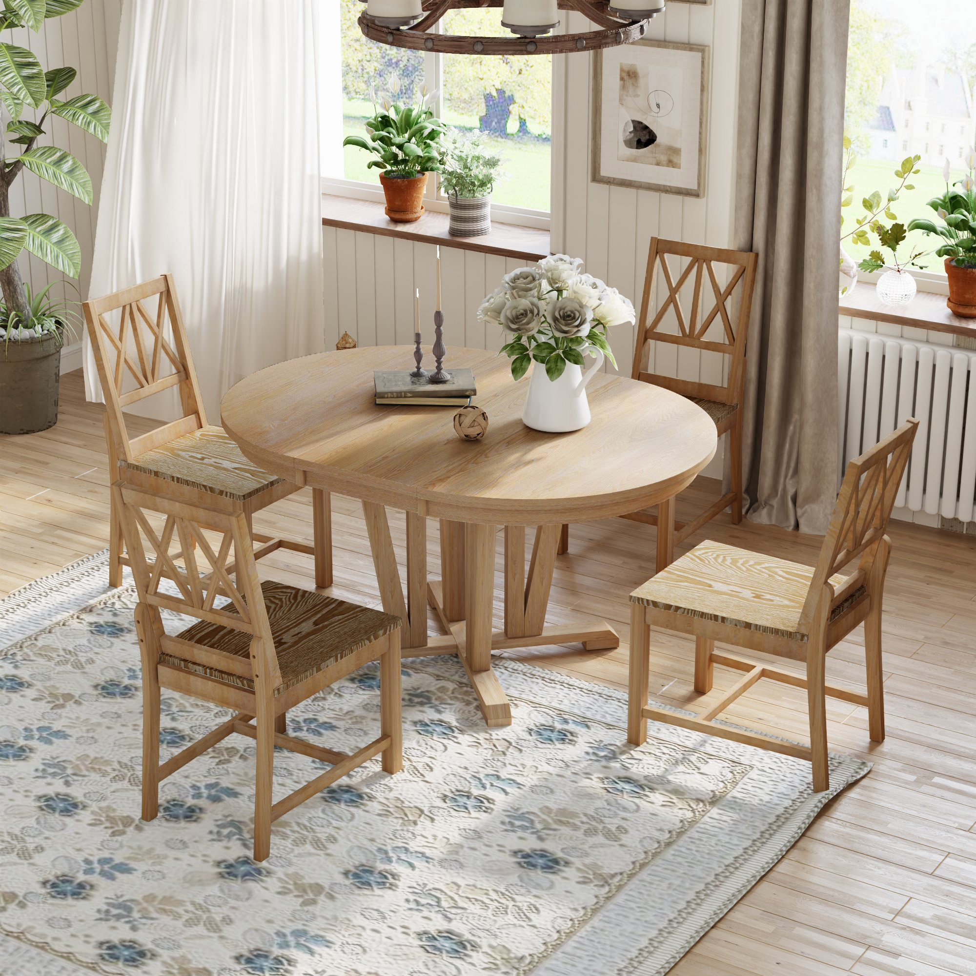 Gracie Oaks Rustic 5-Piece Extendable Dining Table Set with Round ...