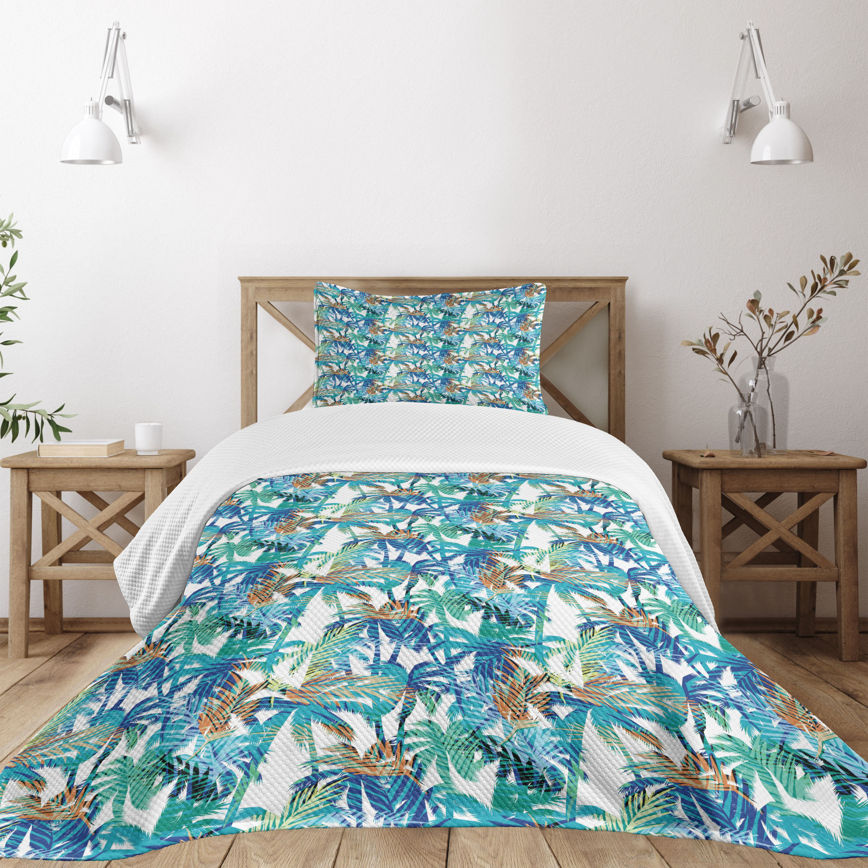 Ambesonne Palm Leaf Bedspread Set Abstract Nature Dream Blue Mint Green ...
