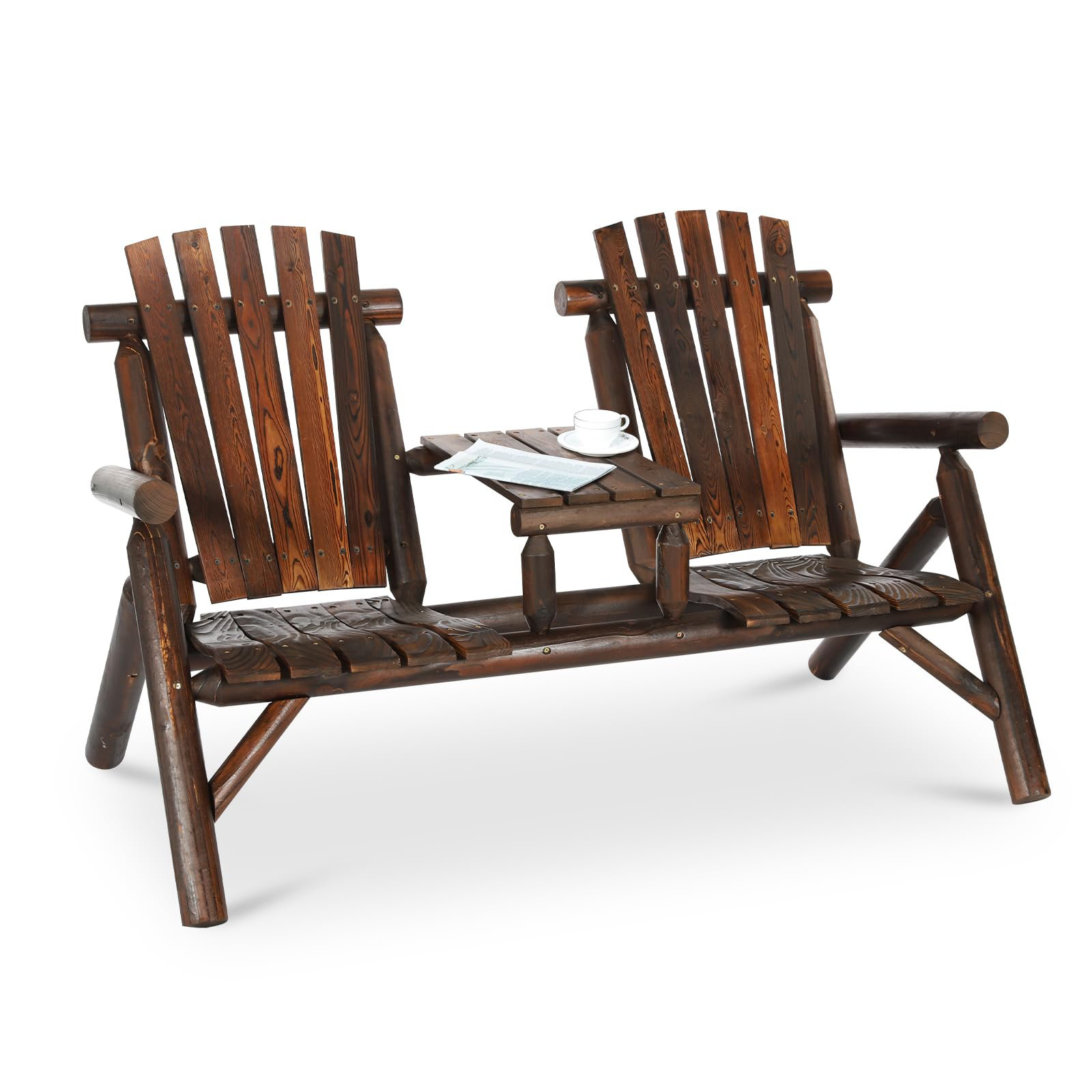 Millwood Pines 2-Seat Wooden Adirondack Chair, Outdoor Log Patio ...