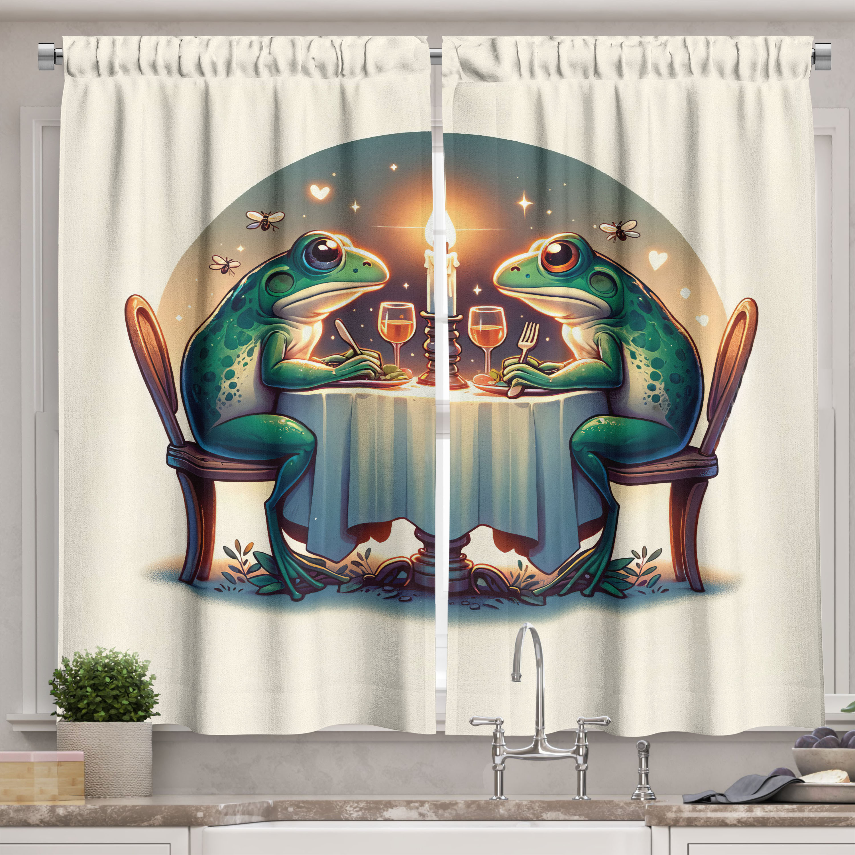 Ambesonne Frog Kitchen Curtain Croaker Couple Romantic Dinner Fern ...