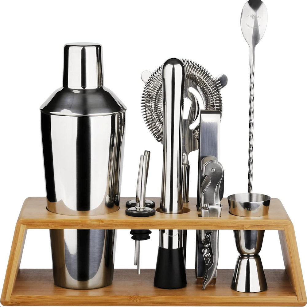 ARORA 10Pcs Bartender Kit Bar Set, 24OZ Silver Cocktail Shaker Set with ...
