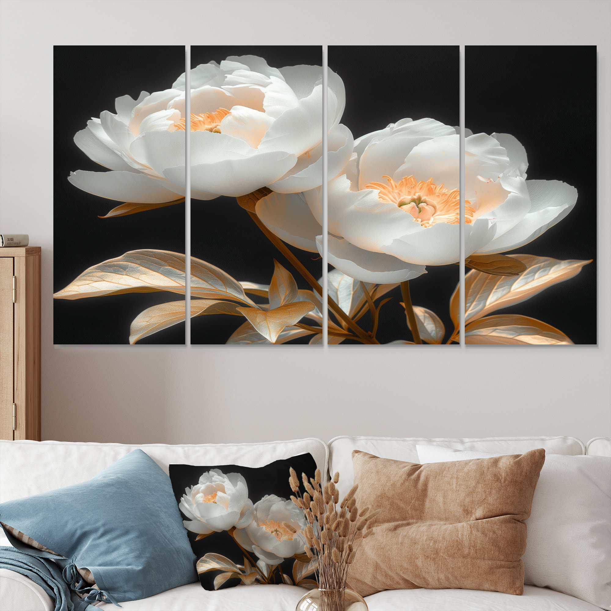 Design Art Transparent Elegant White Gold Peonies III - Peonies Wall ...