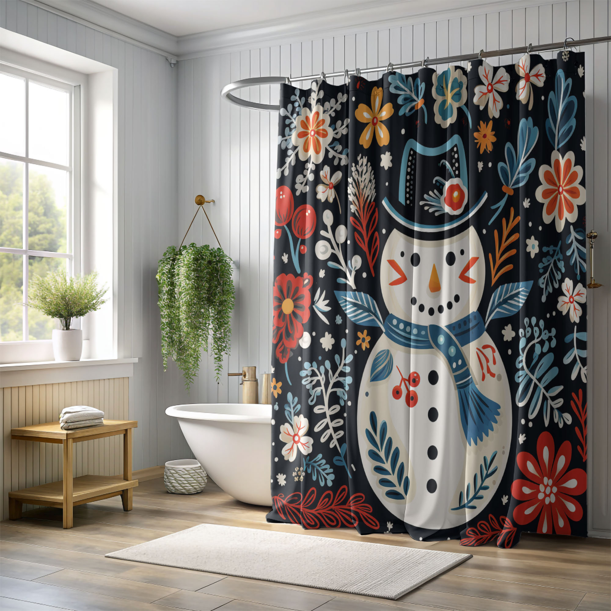 The Holiday Aisle® Scandi Snowmen Art - 1 Piece Standard Shower Curtain ...