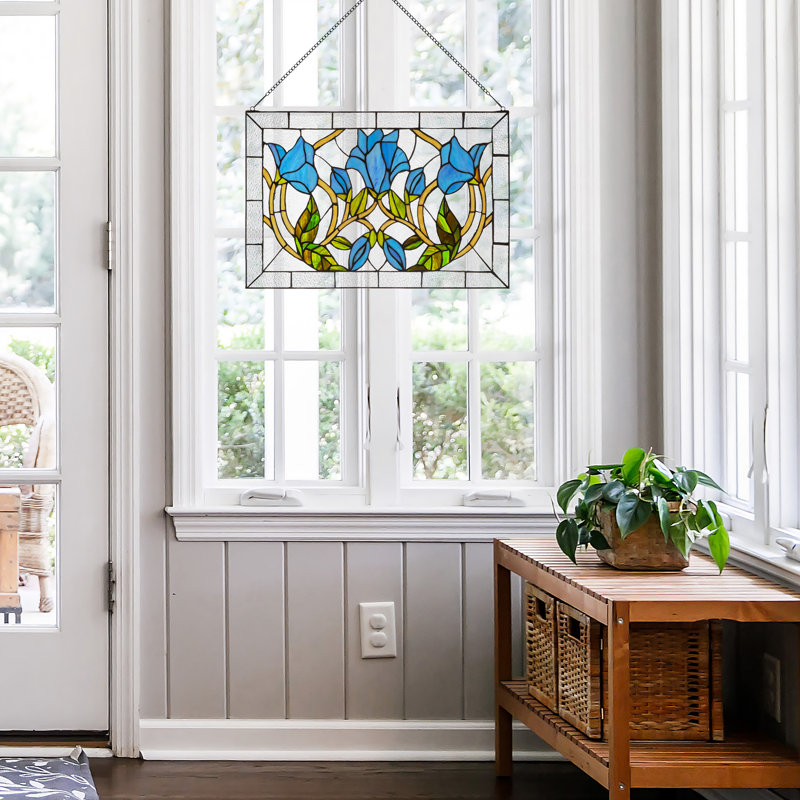 Fleur De Lis Living 16"H Floral Vines Multicolored Stained Glass Window ...