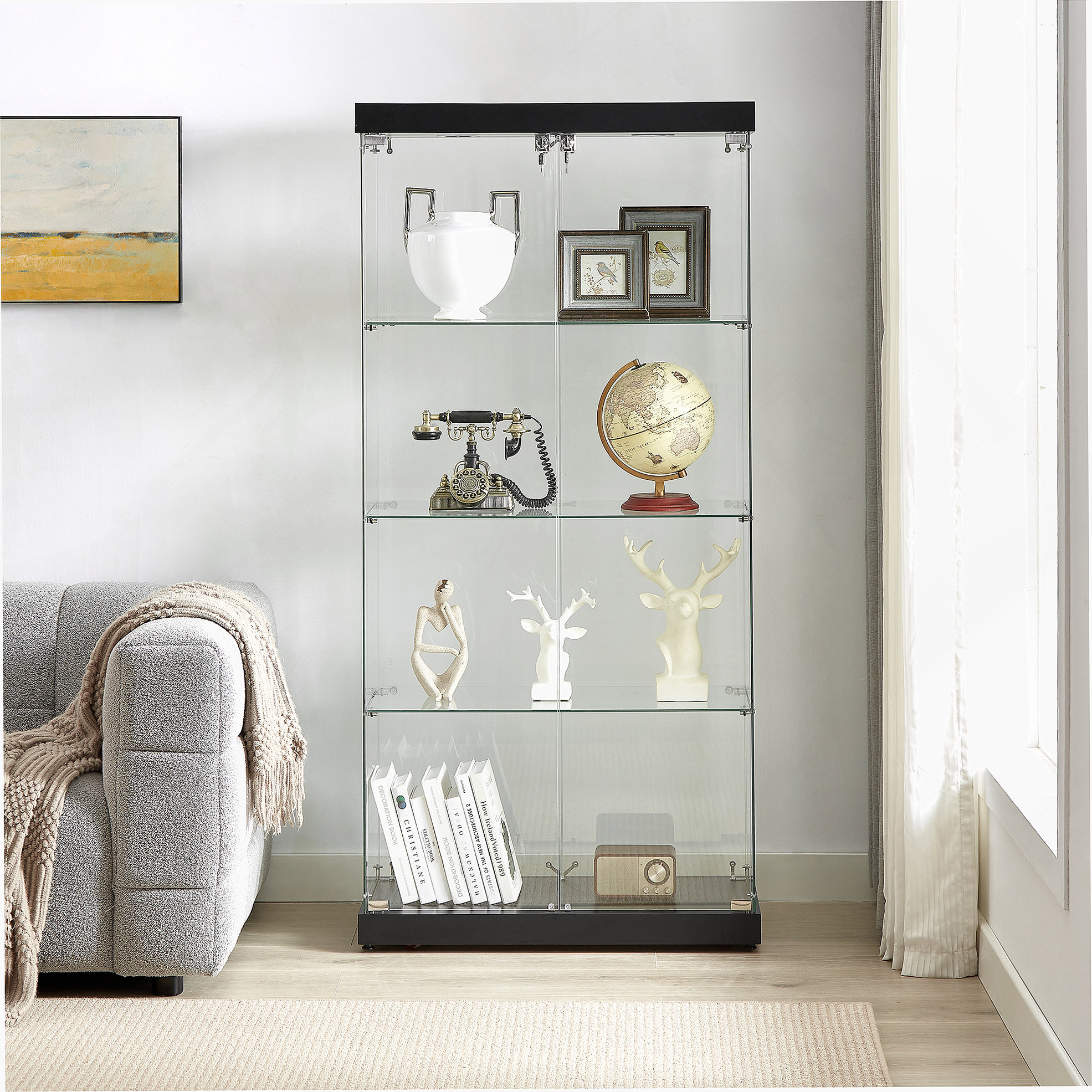 Ivy Bronx 4-Tier Glass Display Cabinet, Double Door Glass Cabinet, Four Partitions, Two Locks ...