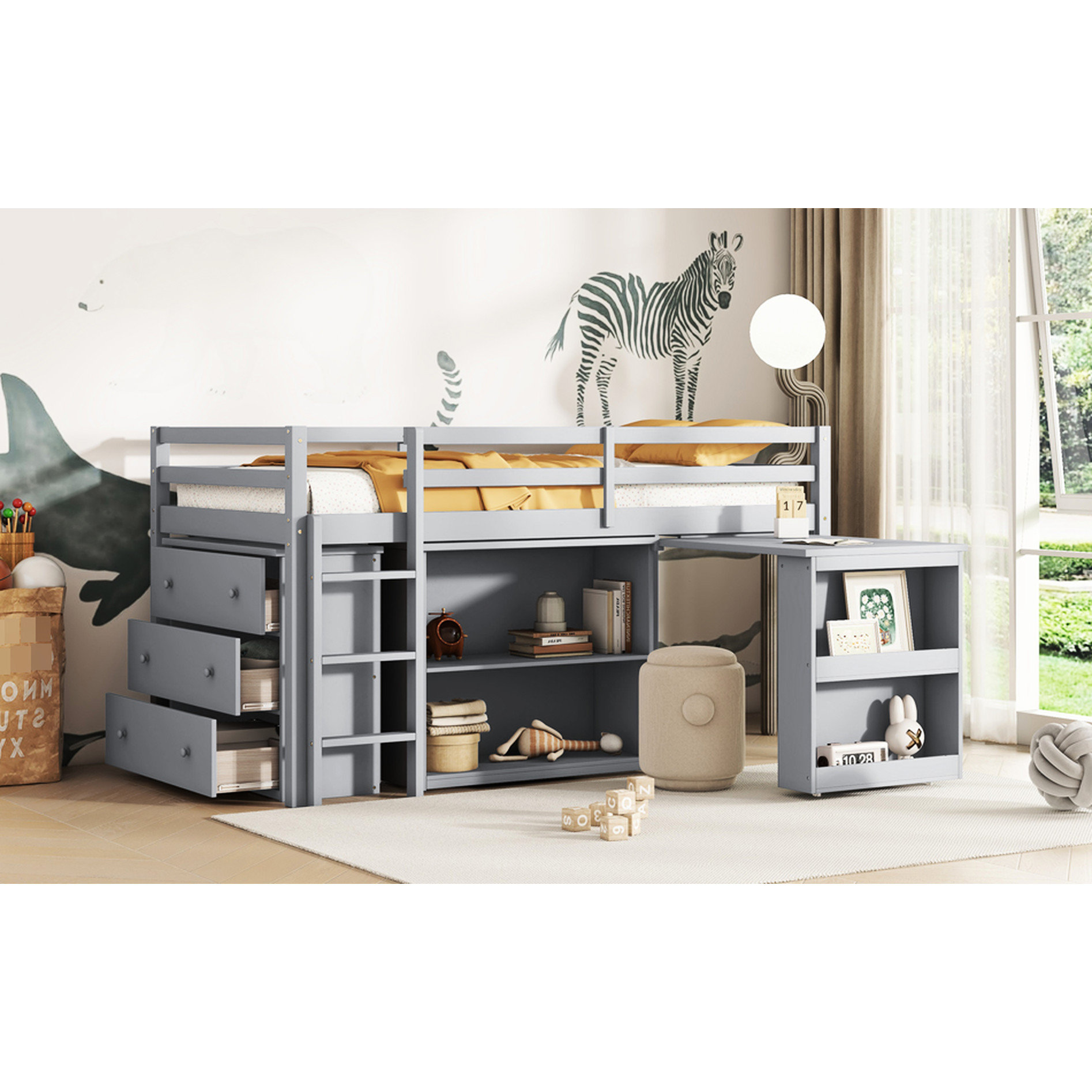 Harriet Bee Twin Loft Bed With Storage And Desk, Rubber Wood Structure ...