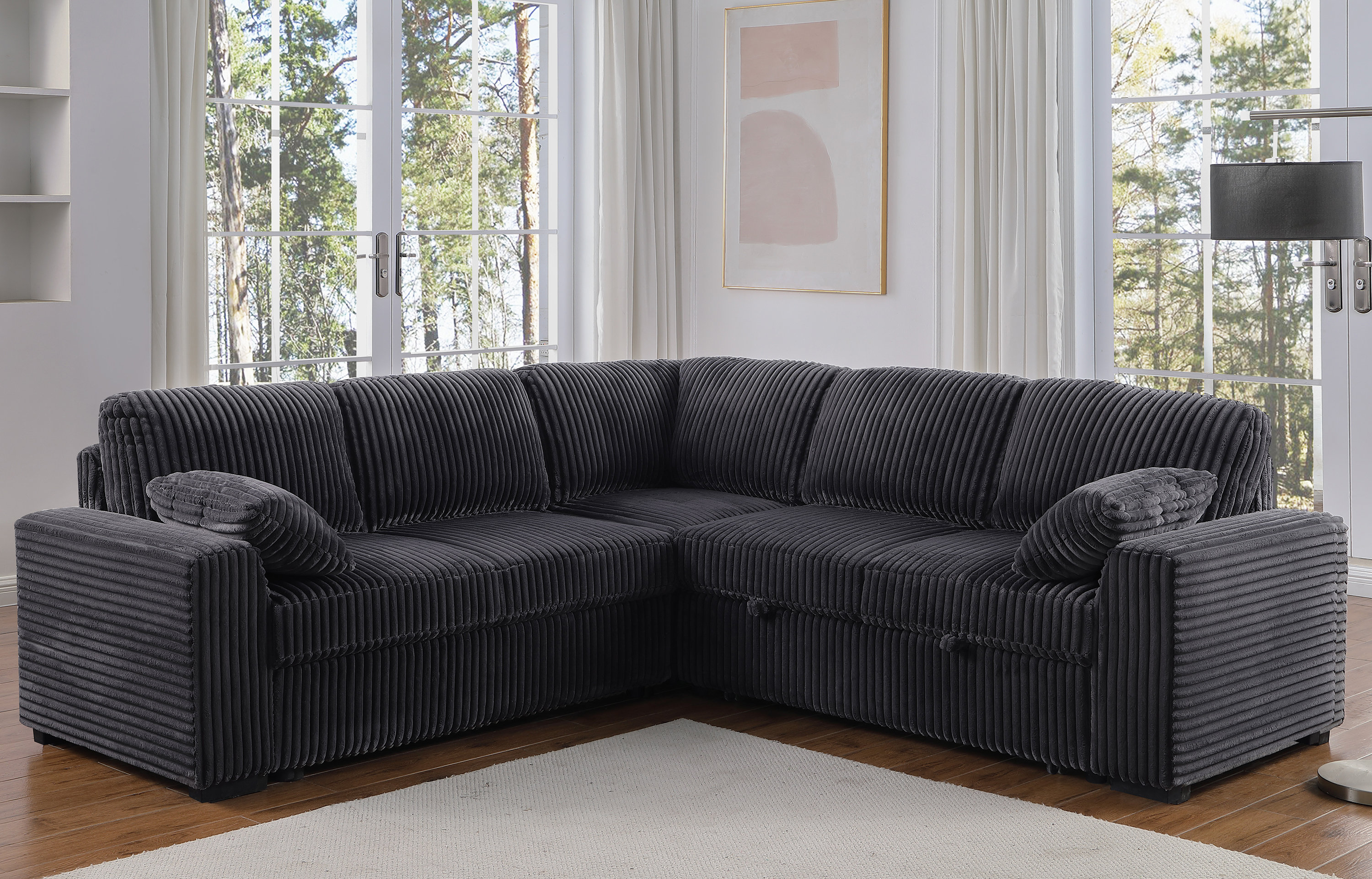 Mercer41 91" Corduroy Suqare Arm Sectional Sleeper Sofa L Shaped ...