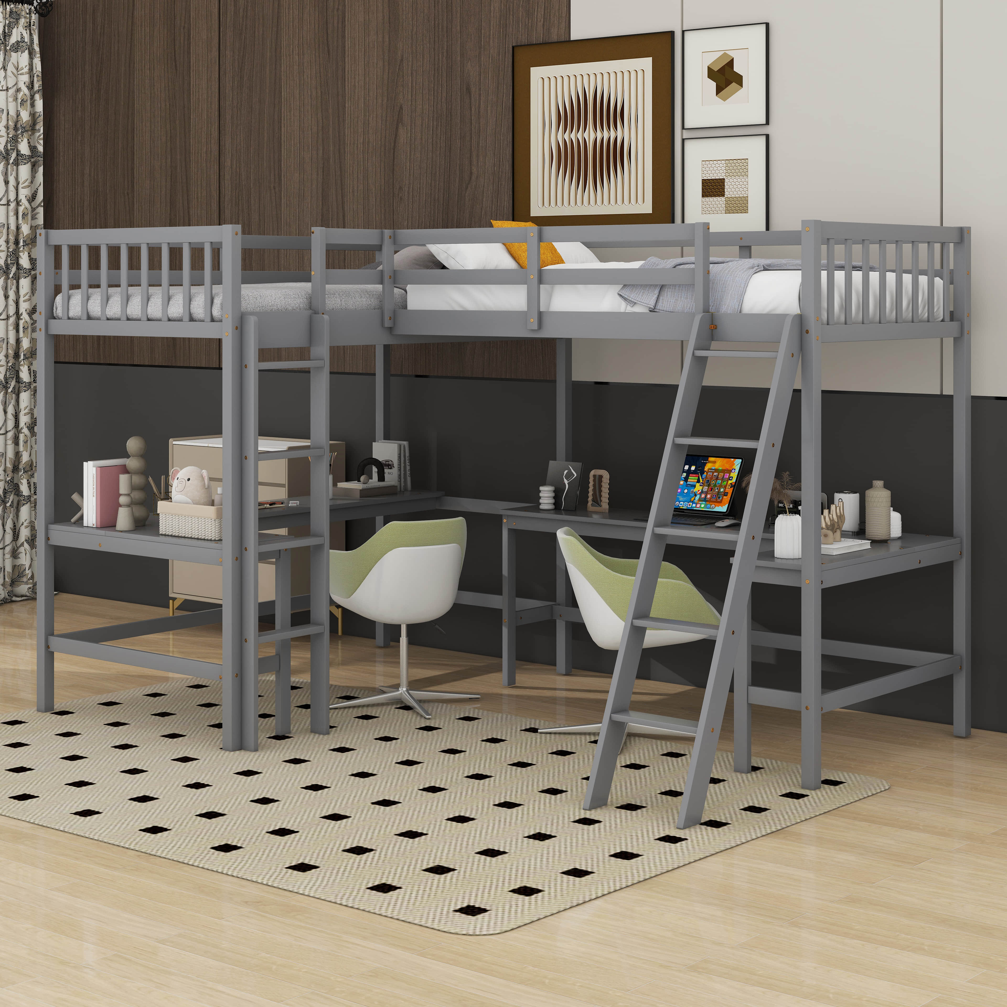 Harriet Bee Wood Twin Size L-Shaped Loft Bed With 2 Built-In L-Shaped ...