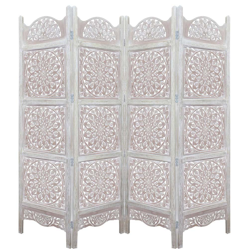 DANTUL Wood Floor Screen - Medallion White Wash - 4 Folding Panel 72 X ...