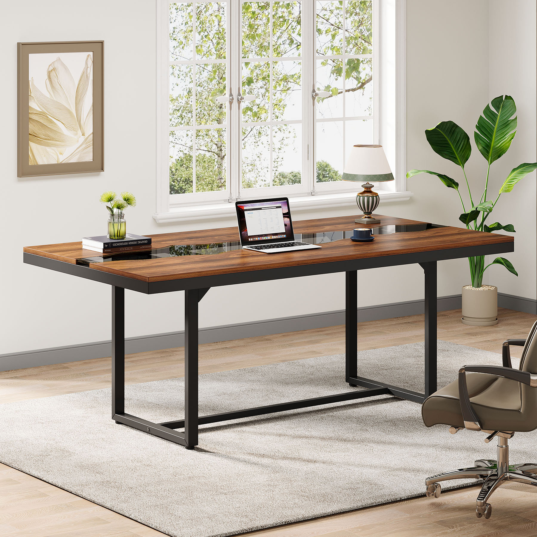 17 Stories 63" Executive Desk, Industrial Computer Desk with Glass Wave ...