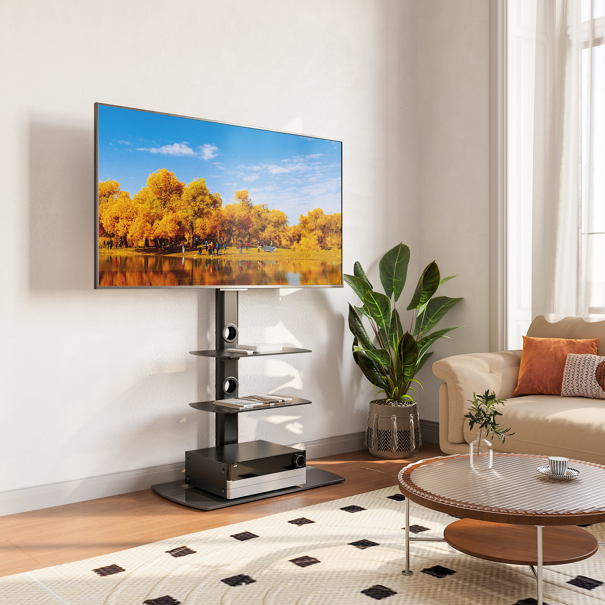 Fitueyes Black Swivel Floor TV Stand Mount Holds up to 65'' TV, Height ...