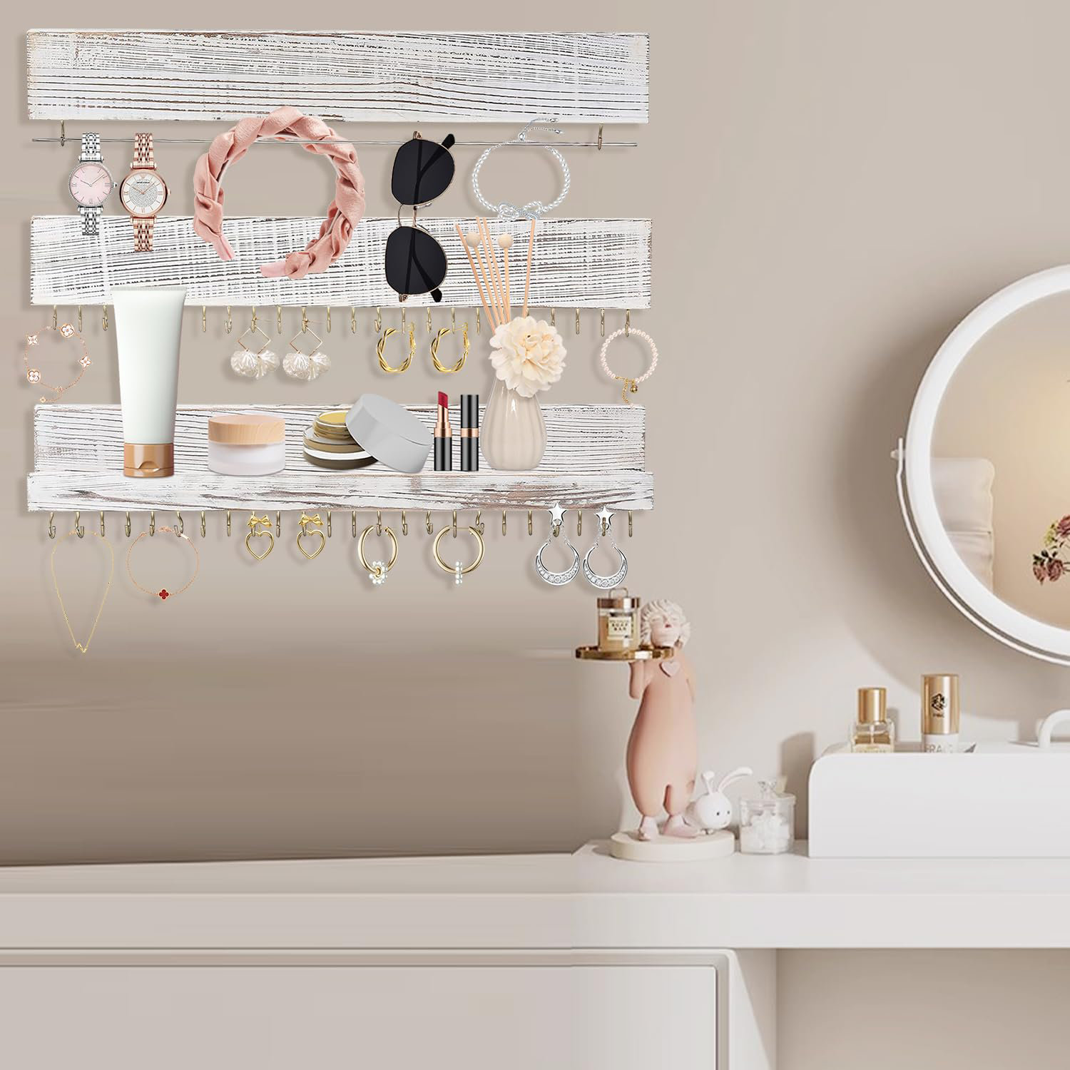 Gracie Oaks Hanging Jewelry Rack Set Of 3, Wall-Mounted Wooden Jewelry ...