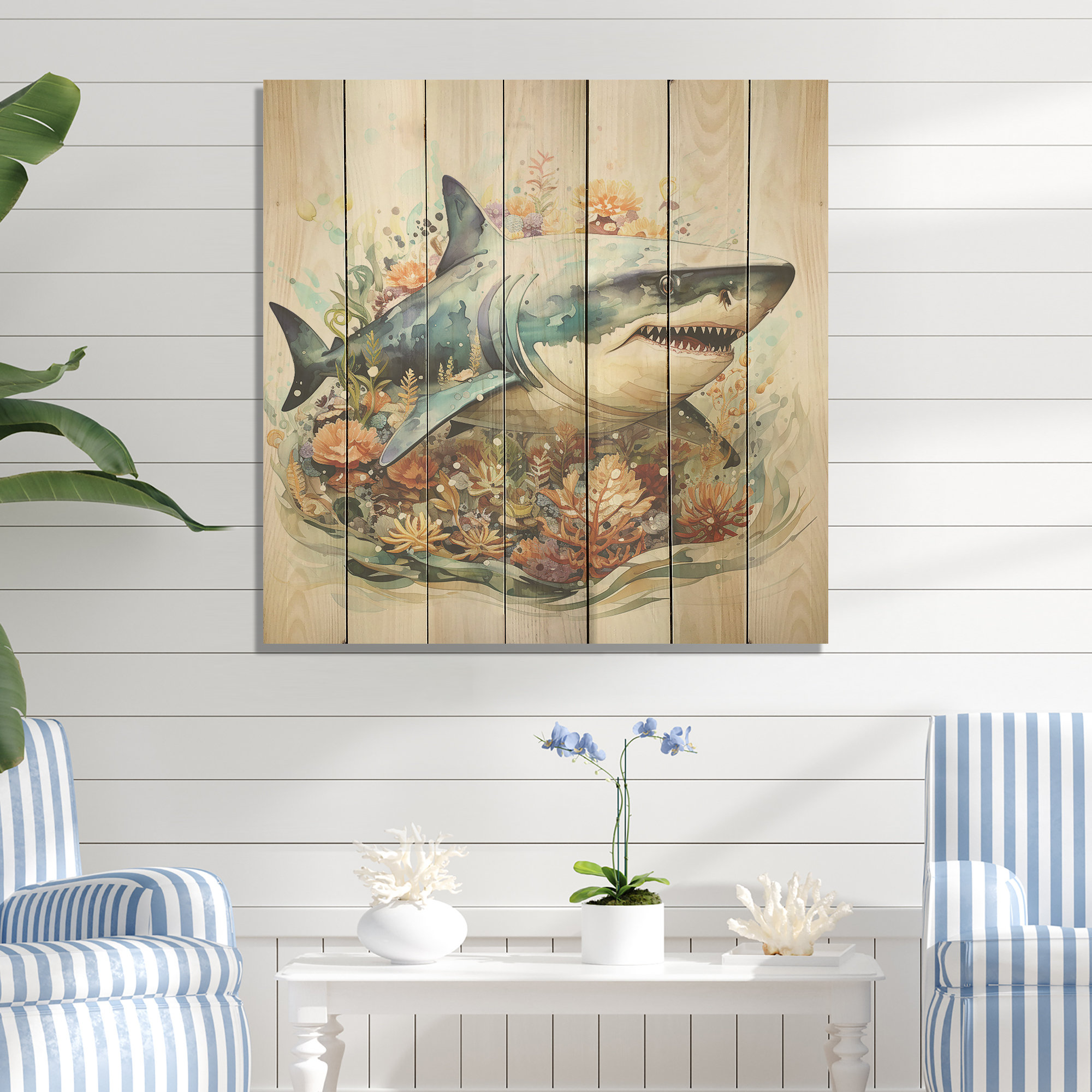 Highland Dunes Curious Shark Ocean Blooms I - Shark On Wood Print | Wayfair