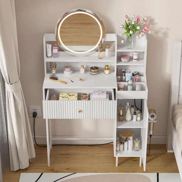 Ivy Bronx Reseta Makeup Vanity Desk with LED Light Mirror, Drawer, USB ...