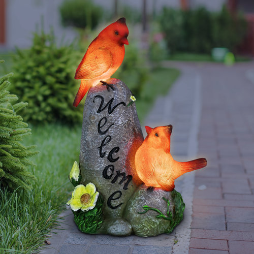 Exhart Solar Cardinals On A Hand Painted Welcome Rock Garden Statuary ...