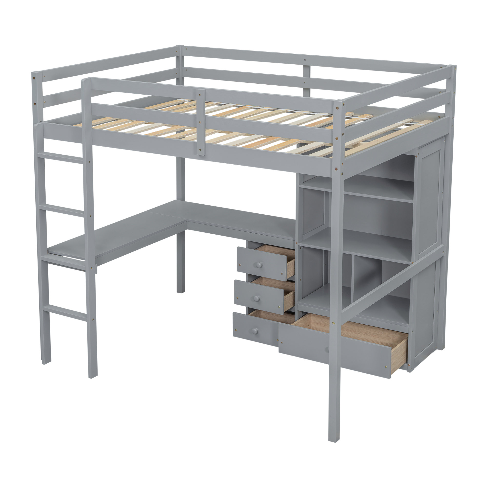 Corrigan Studio® Loft Bed With Storage Shelves And Drawers, Wood Frame ...