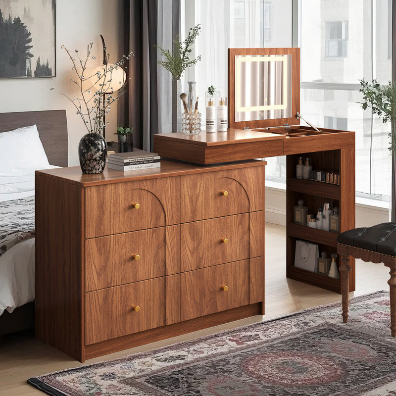 Hokku Designs Convertible L-Shaped Vanity Desk with Mirror and 3-Color ...