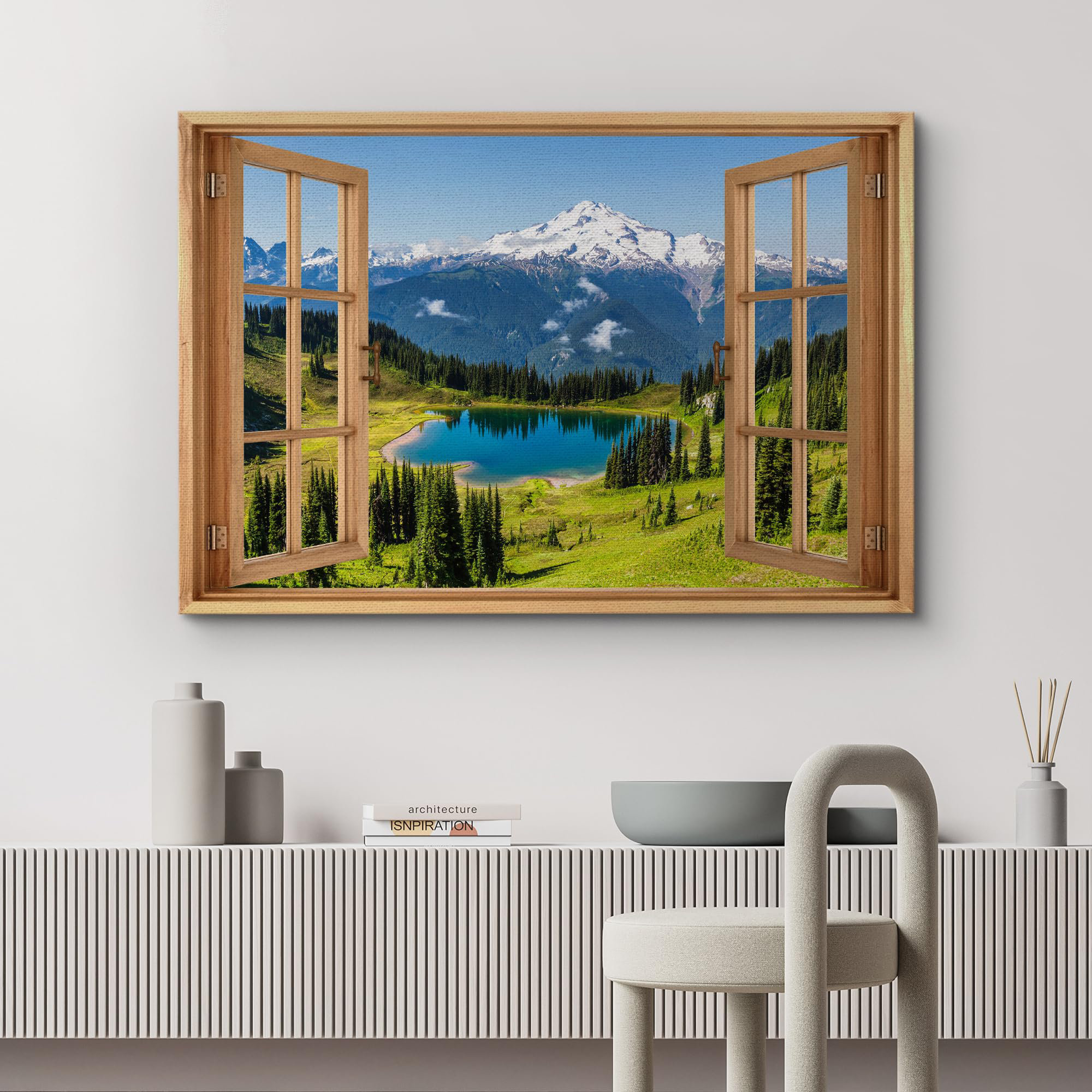 IDEA4WALL " Window View Snowy Mountain Range Summer Countryside Lake ...