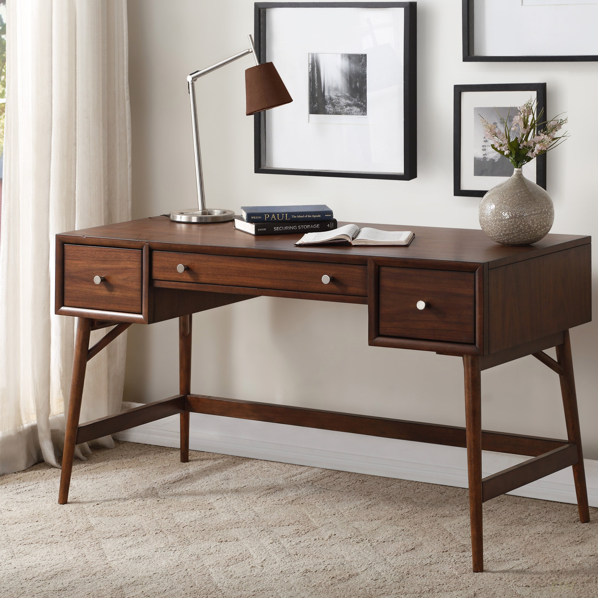 Corrigan Studio® Brown Finish Stylish Writing Desk Storage Drawers ...