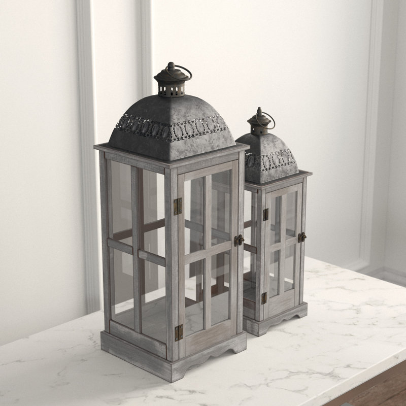 One Allium Way® 2 Piece Tall Wood and Glass Tabletop Lantern Set ...