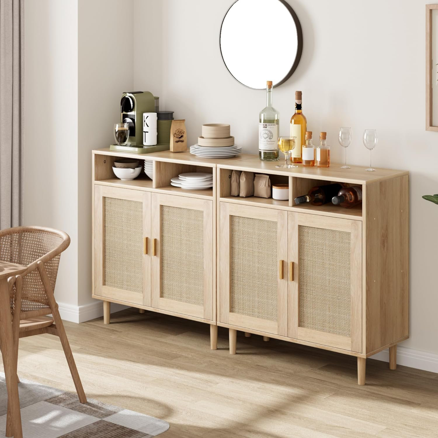 Yuan Home 2Pcs Sideboard Buffet Storage Cabinet, Rattan Kitchen Cabinet ...