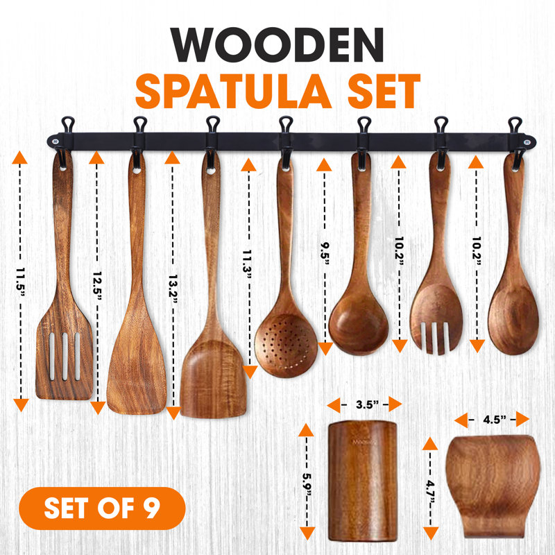 Cheer Collection 9 Piece Wooden Kitchen Utensils Set with Holder and ...