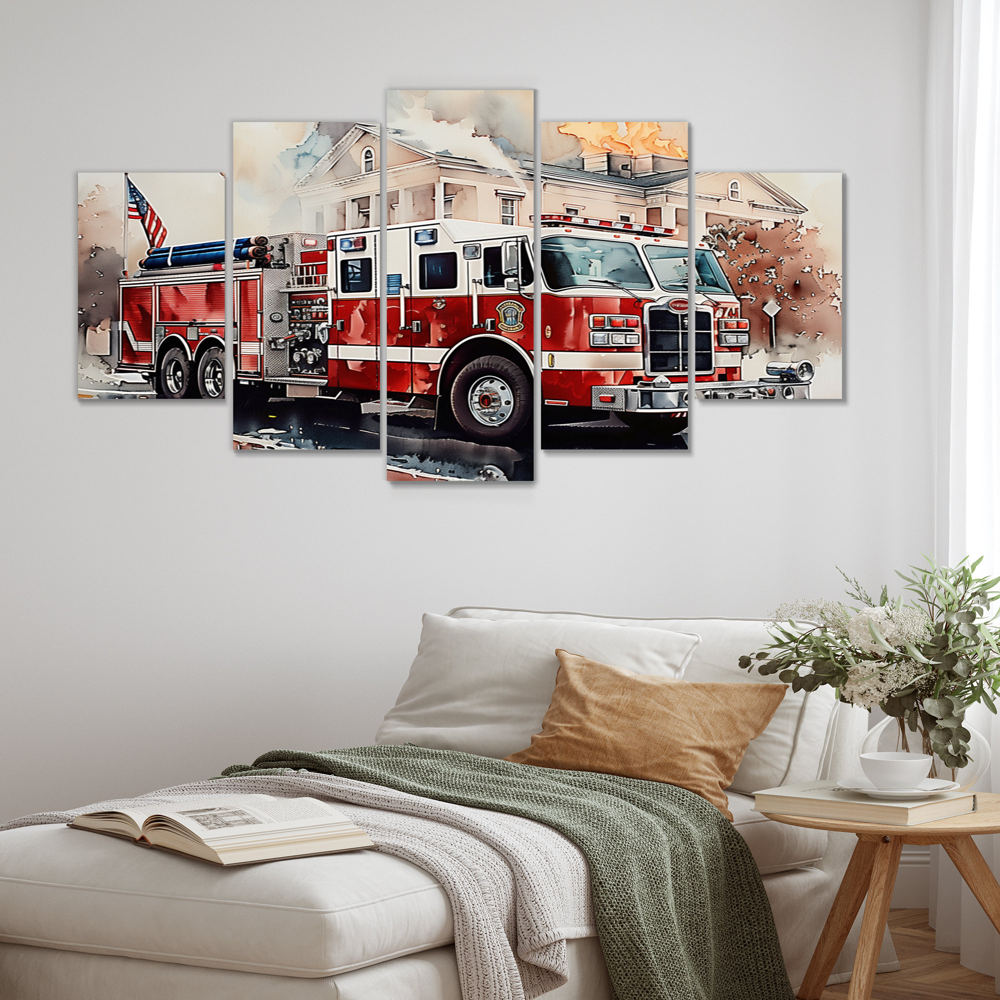 Design Art Fire Truck In The Hamptons II - Fireman Wall Art Living Room ...