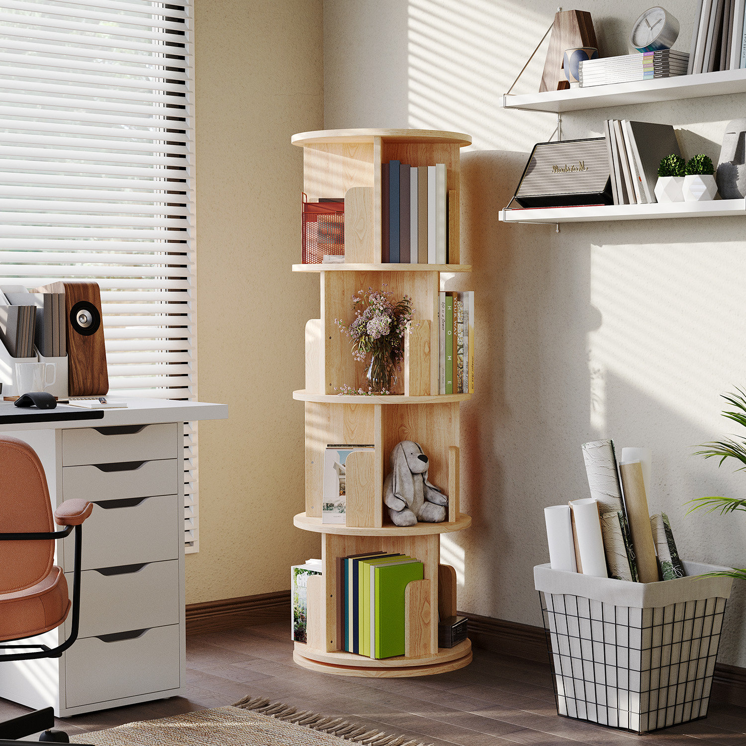 Ebern Designs 360° Rotating Solid Wood Bookshelf Tower, Spinning ...
