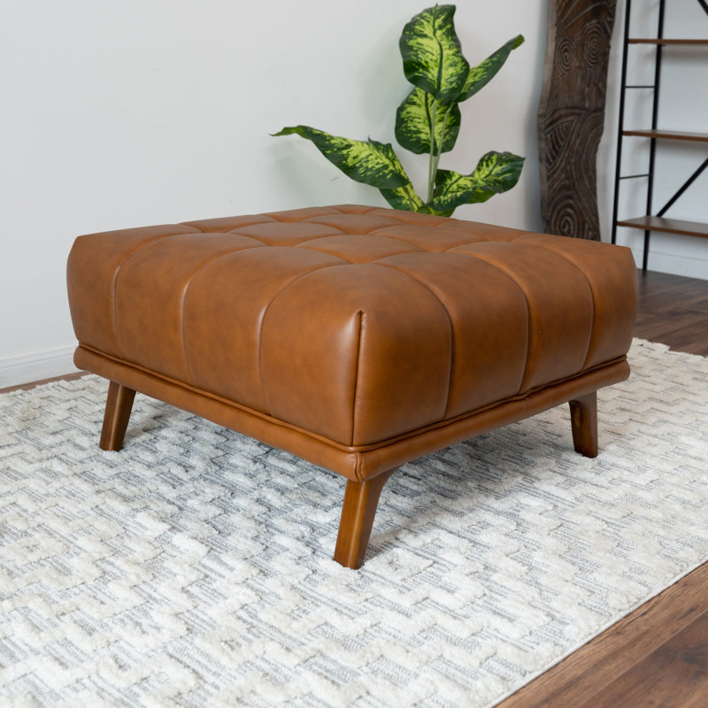 Hokku Designs Kano Cognac Leather Square Upholstered Ottoman | Wayfair