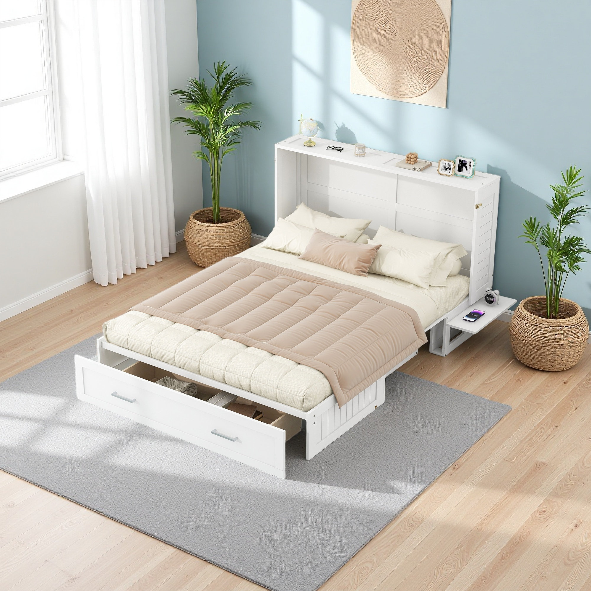 Lark Manor™ Queen Size Mobile Murphy Bed With Drawer And Little Shelves ...