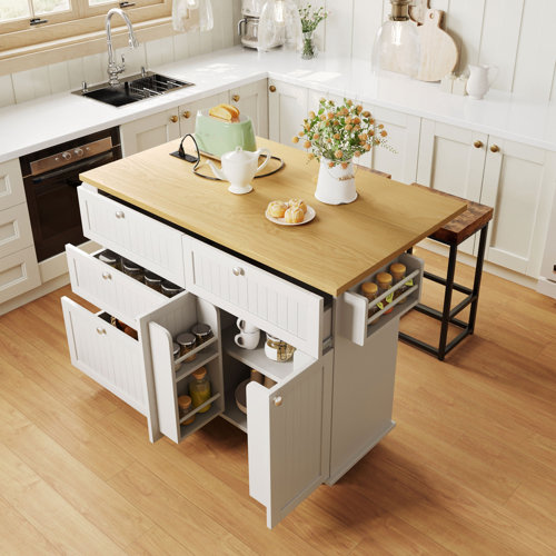 Farmhouse Kitchen Island Cart with Drop Leaf and 2 Stools, Power Outlet ...