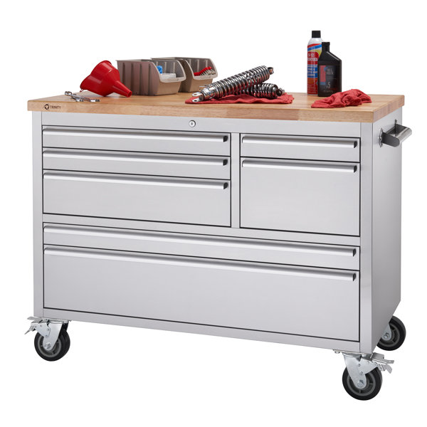TRINITY 4 ft. W 7-Drawer Stainless Steel Workbench w/ Storage & Reviews ...