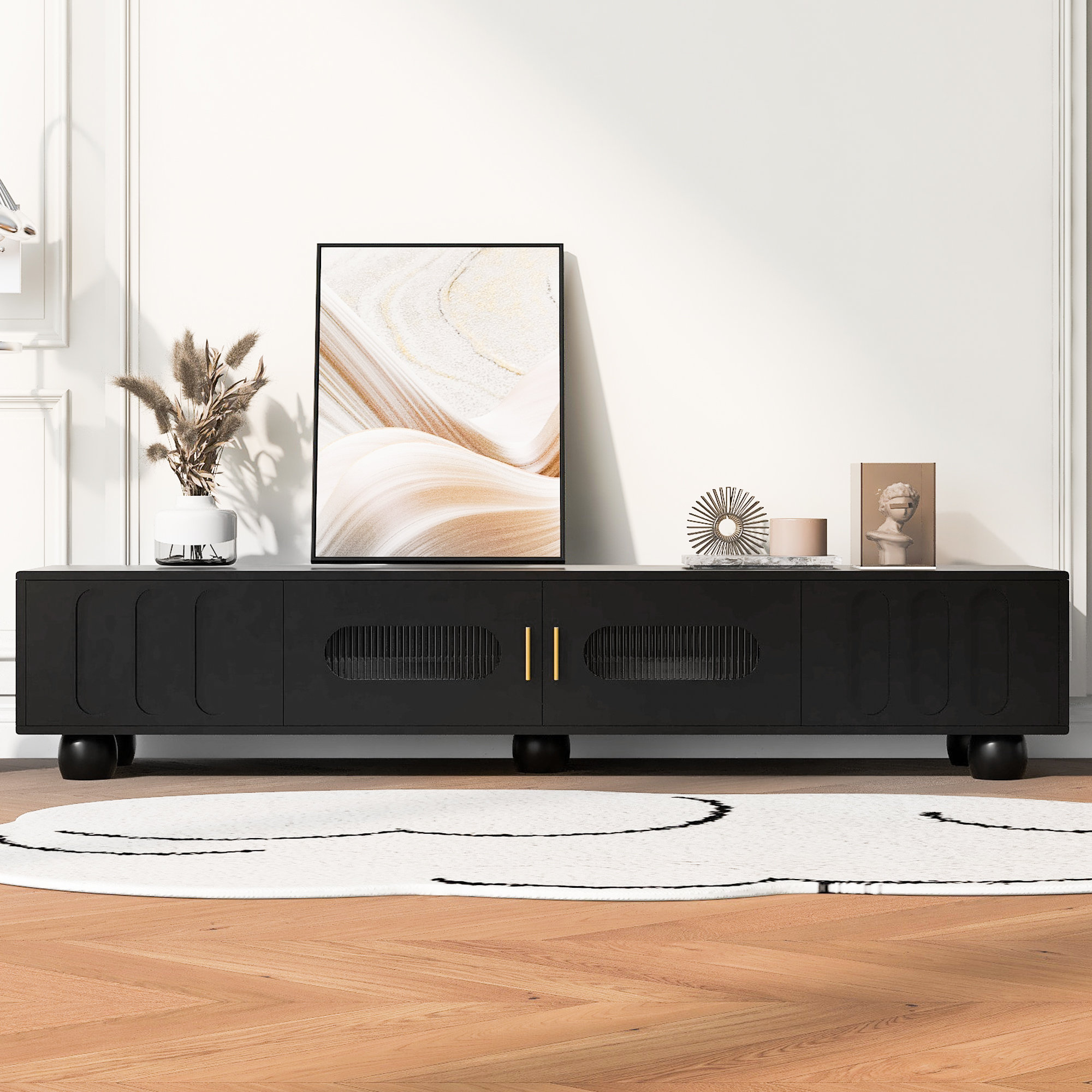 Ebern Designs Modern TV Stand up to 80 Inch. with Glass Doors, Storage ...