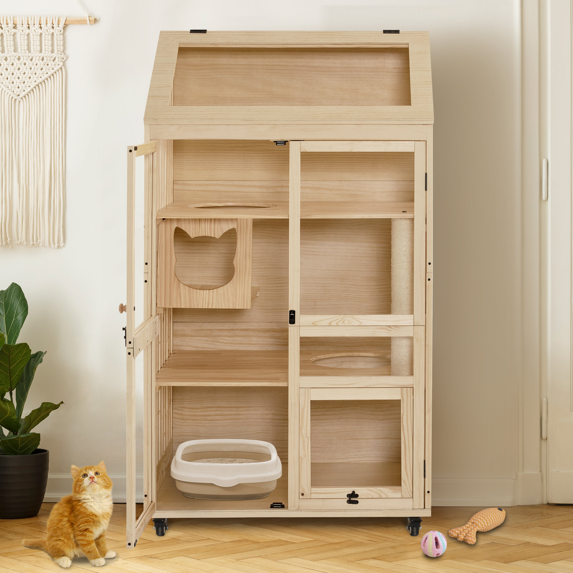 Mcombo Wooden Cat House With Opening Top Skylight, Luxury Cat House ...