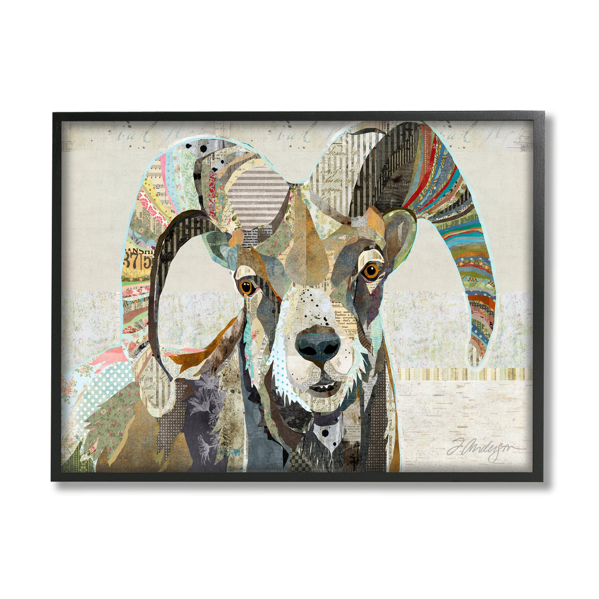 Stupell Industries Goat Striped Horns Ephemera Collage Framed Giclee ...