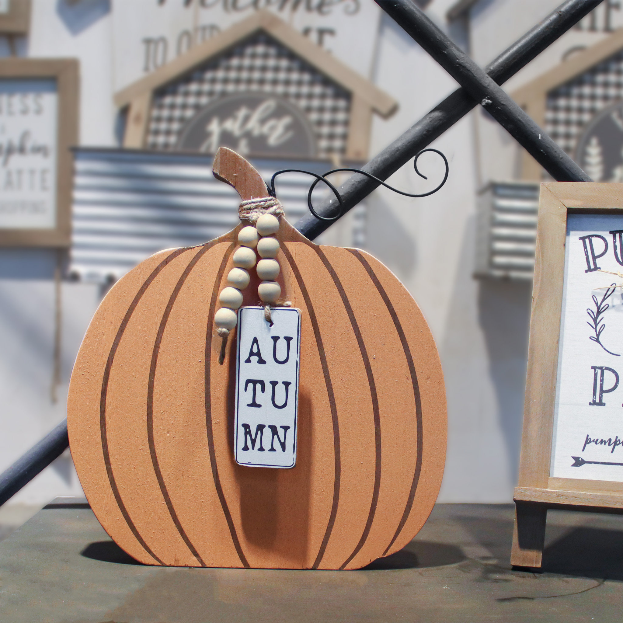 The Holiday Aisle® Orange Autumn Pumpkin Wood Tabletop Decor | Wayfair